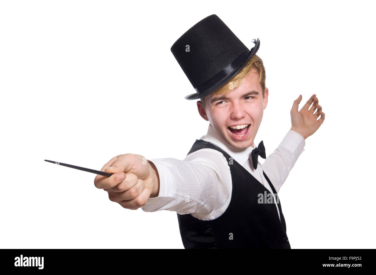 Magician with magic stick isolated on white Stock Photo - Alamy