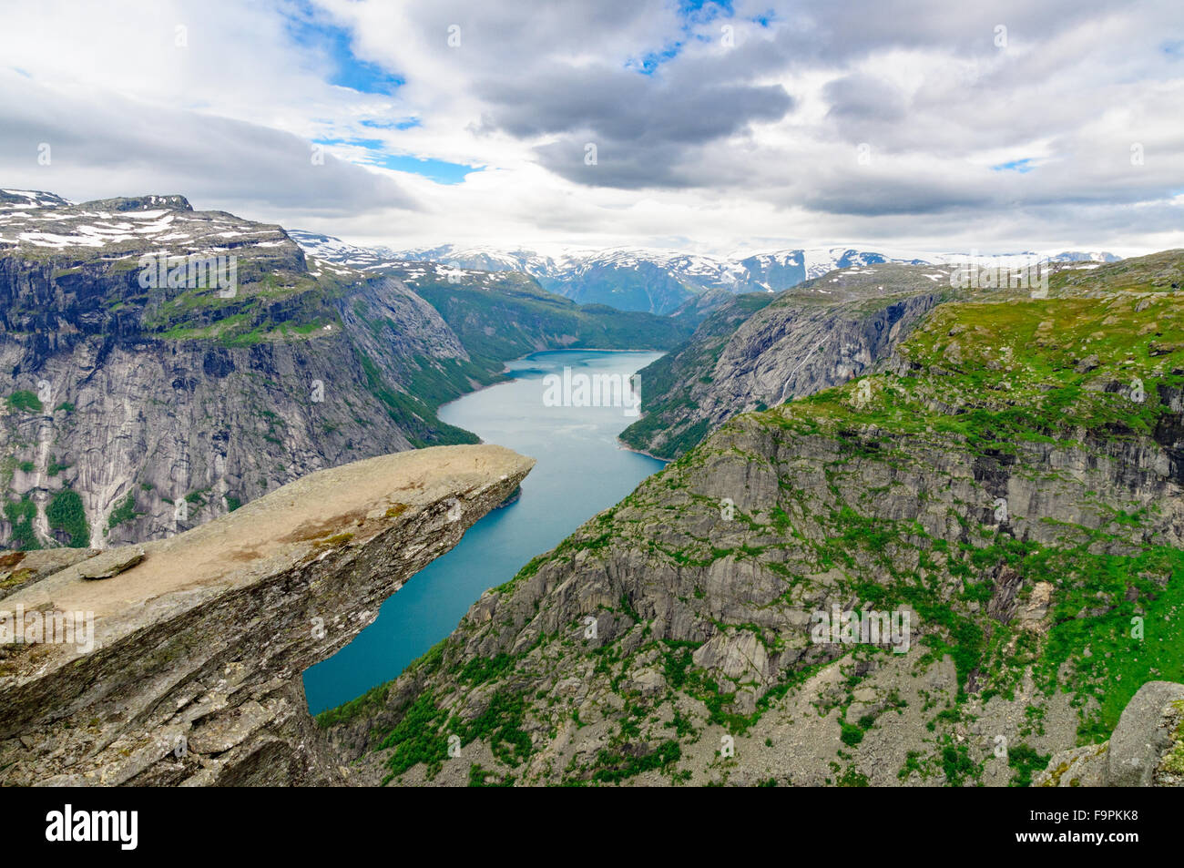 Troll's tongue (Trolltunga) rock above lake Ringedalsvatnet. One of the ...