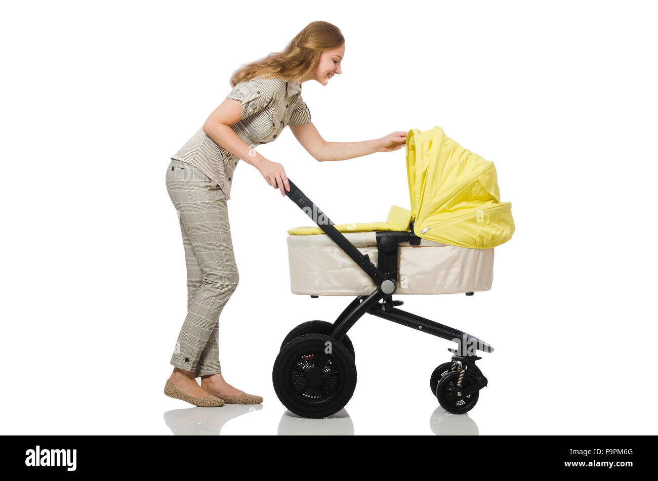 Woman with baby and pram isolated on white Stock Photo - Alamy