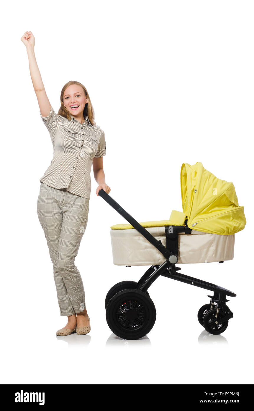 Woman with baby and pram isolated on white Stock Photo - Alamy