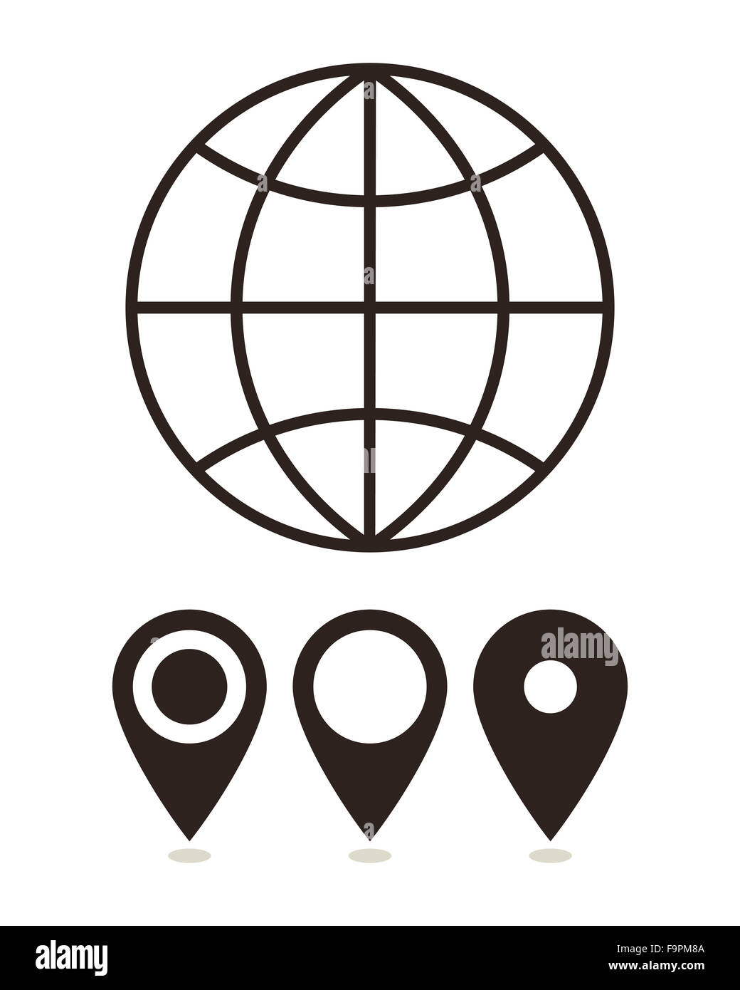 Globe and map pin icons isolated on white background Stock Photo - Alamy