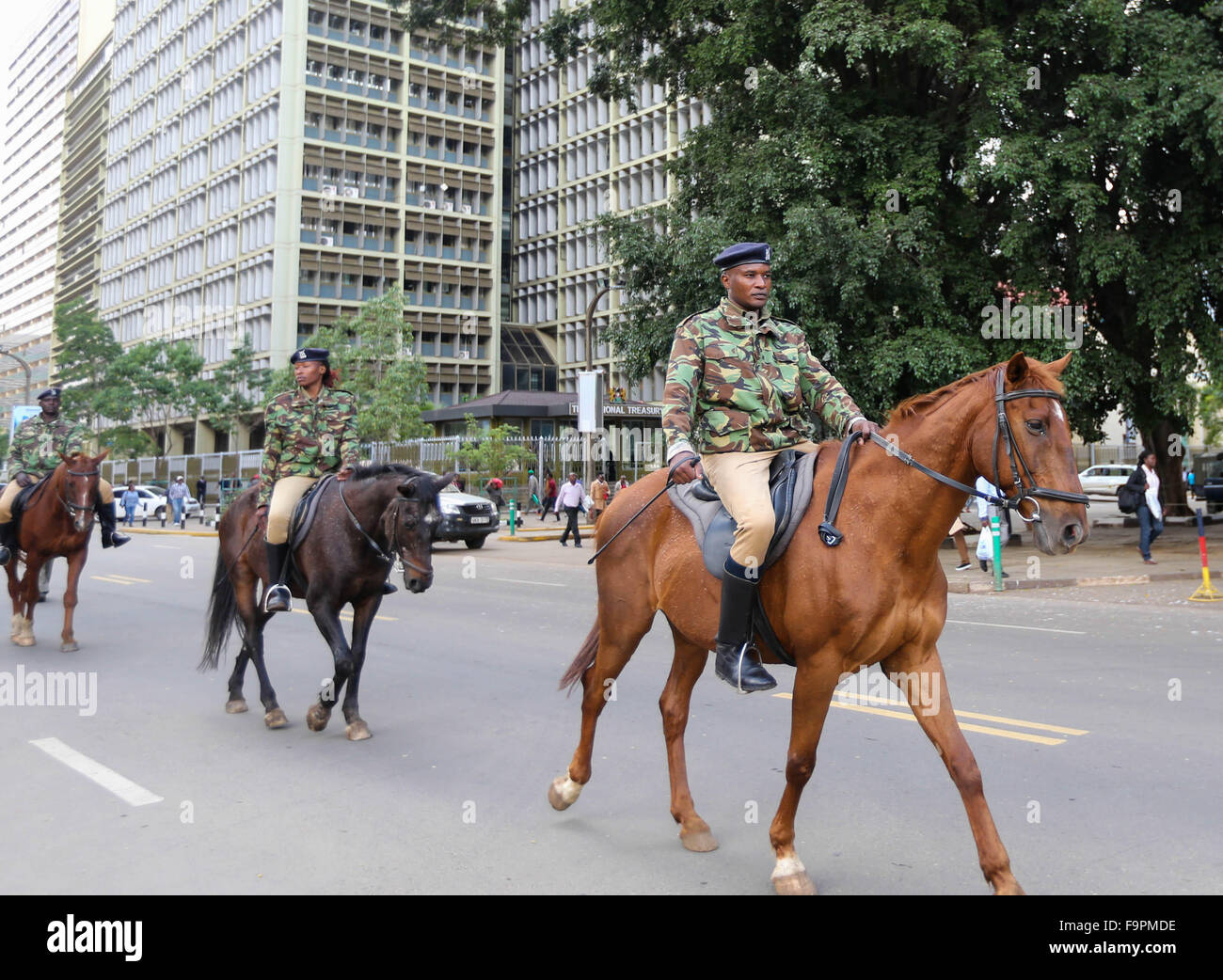 Nairobi. 18th Dec, 2015. Police rangers patrol on a street outside the ...