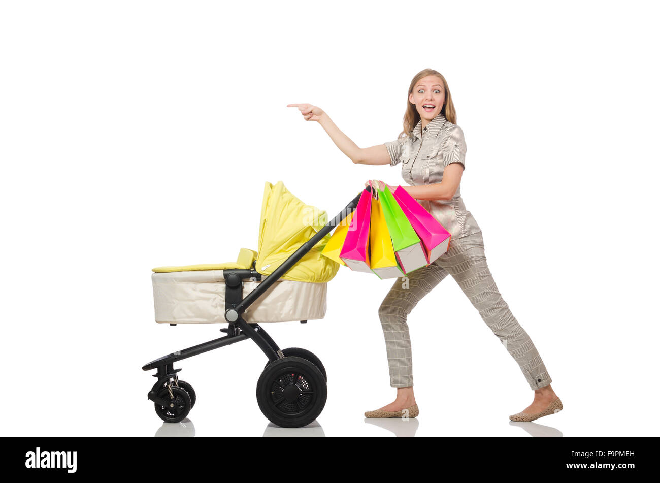 Woman with pram isolated on white Stock Photo - Alamy