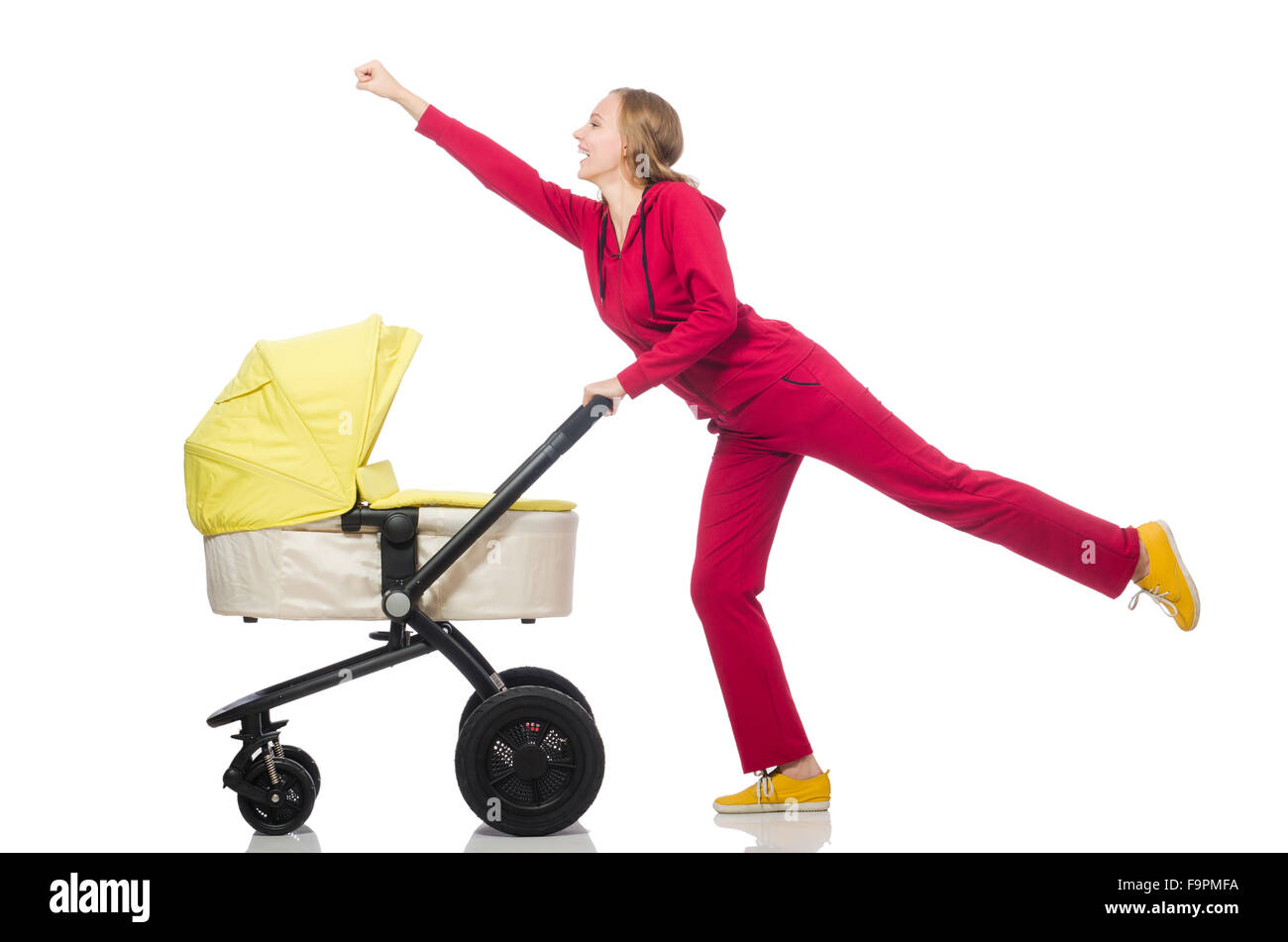 Woman with pram isolated on white Stock Photo - Alamy