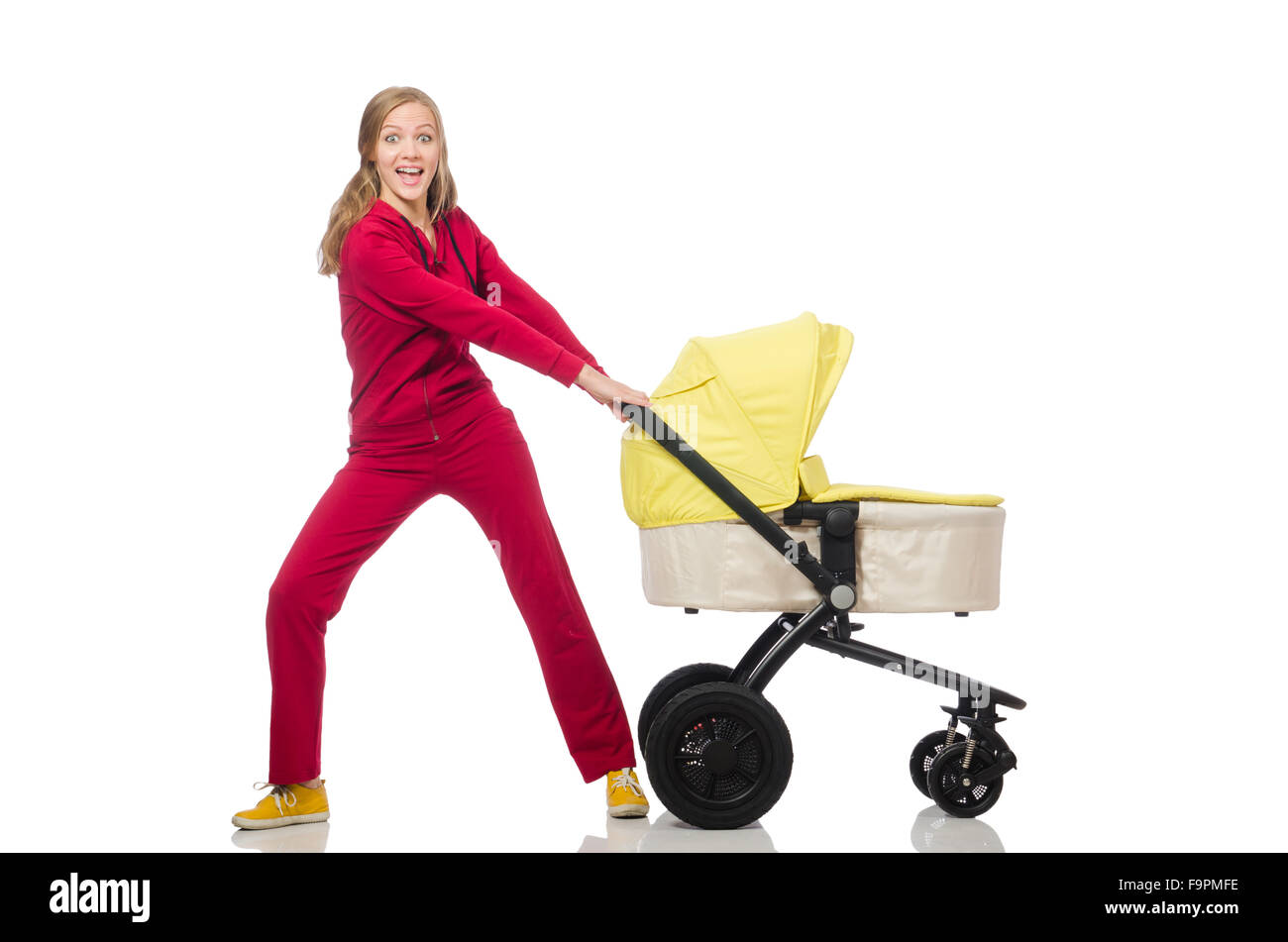 Woman with pram isolated on white Stock Photo - Alamy
