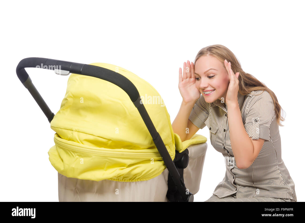 Woman with pram isolated on white Stock Photo - Alamy