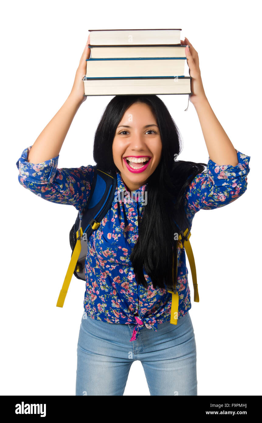 Young female student with books on white Stock Photo - Alamy