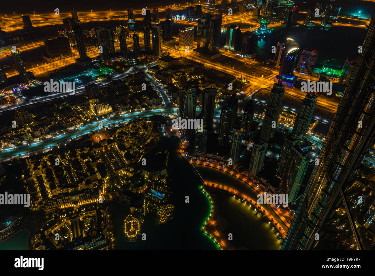 Dubai downtown night scene with city lights. Top view from above Stock ...