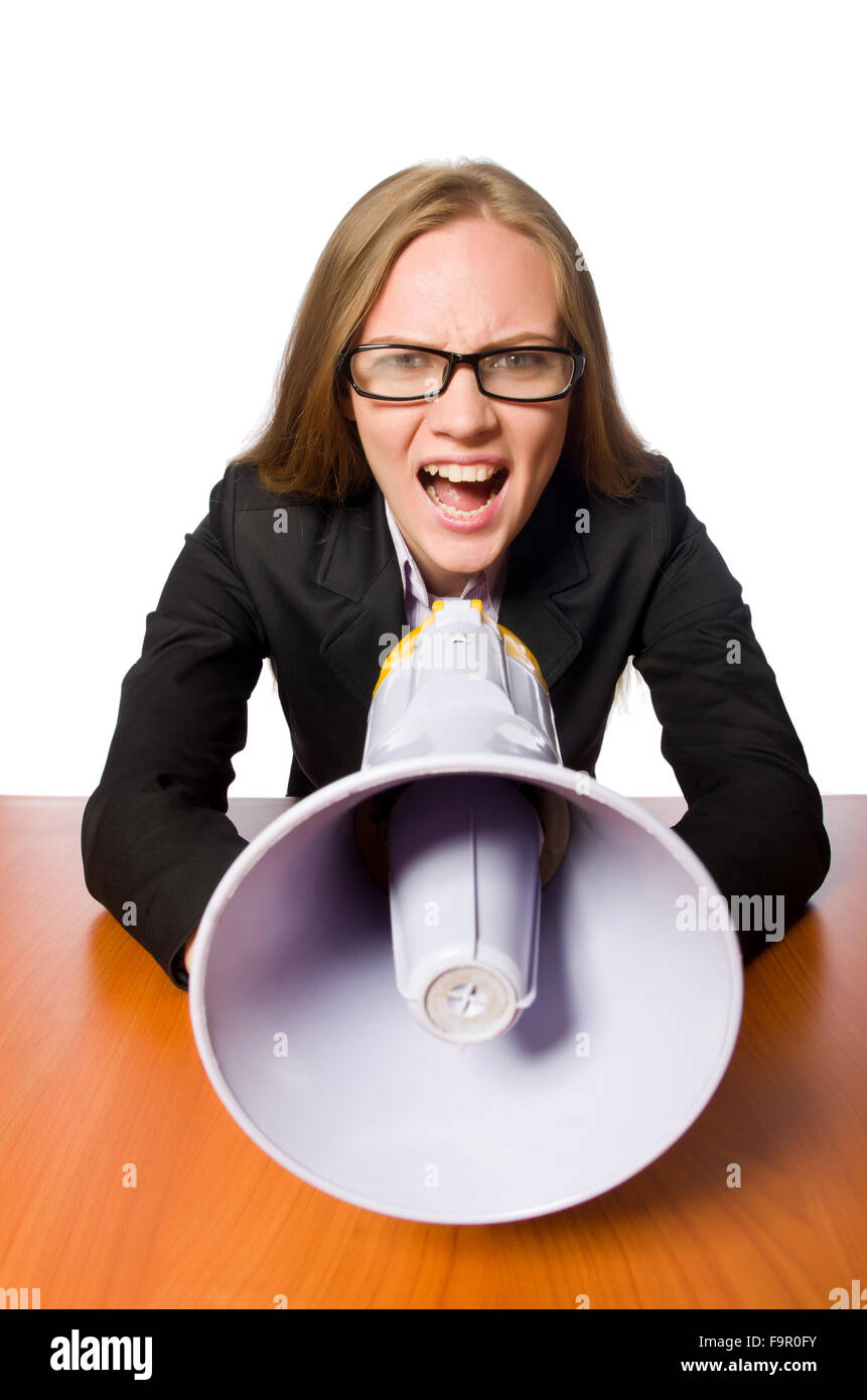 Woman with loudspeaker isolated on white Stock Photo - Alamy