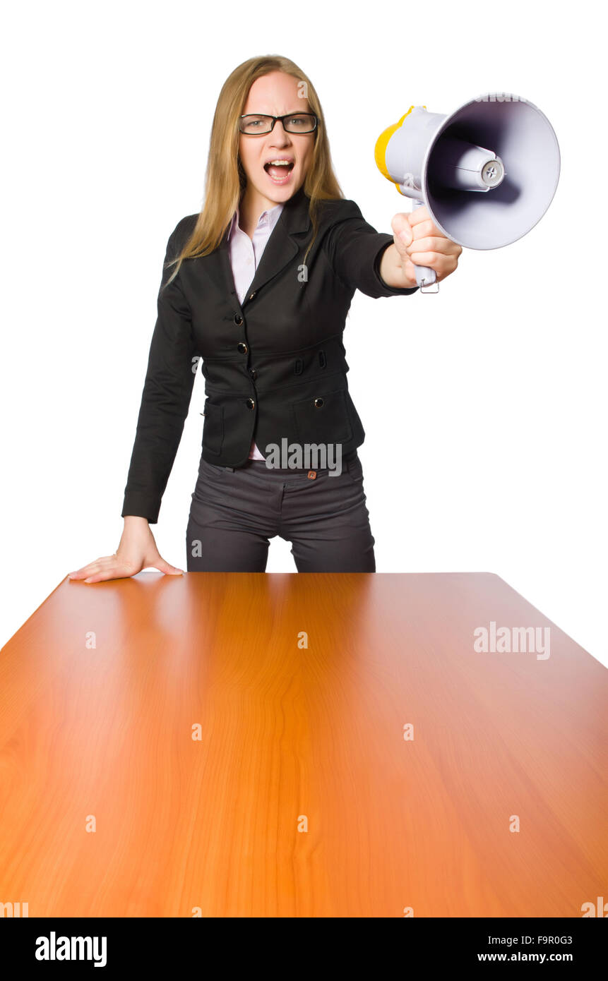 Woman with loudspeaker isolated on white Stock Photo - Alamy