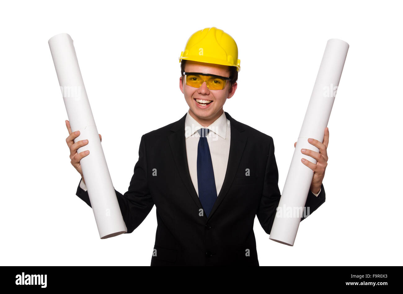 Funny architect with drawings on white Stock Photo - Alamy