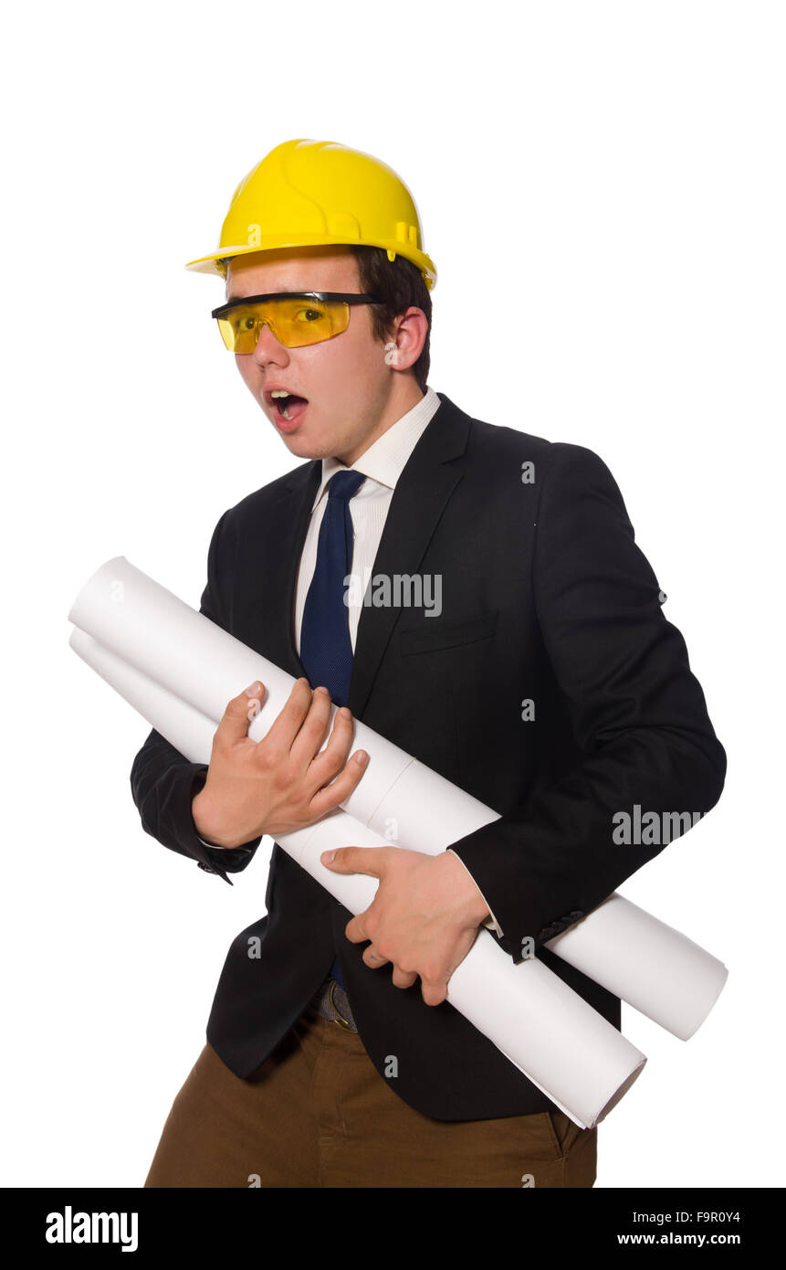 Funny architect with drawings on white Stock Photo - Alamy