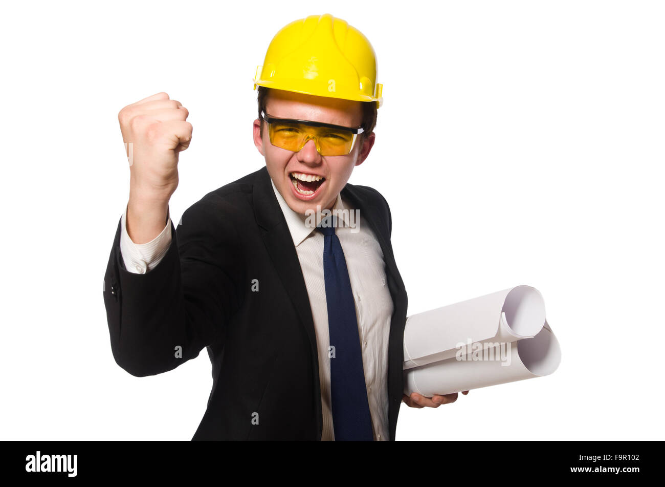Funny architect with drawings on white Stock Photo - Alamy