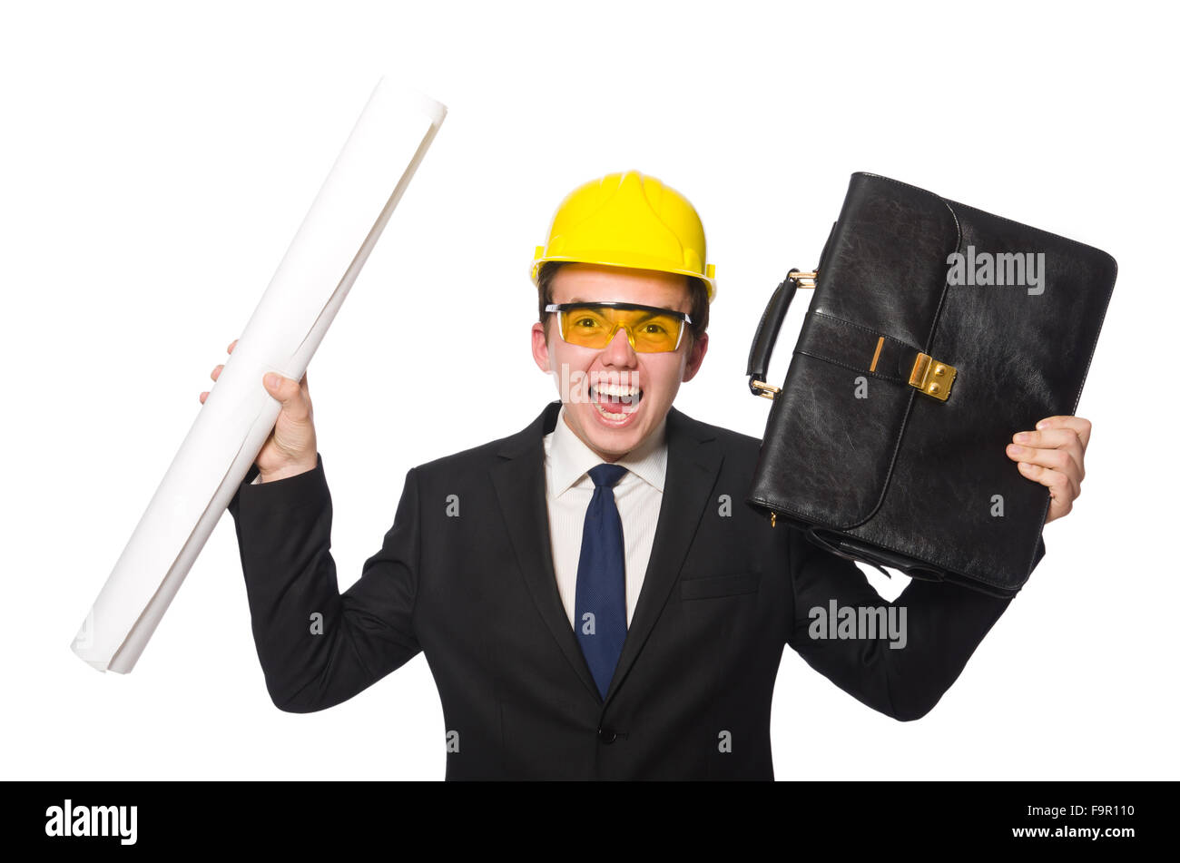 Funny architect with drawings on white Stock Photo - Alamy