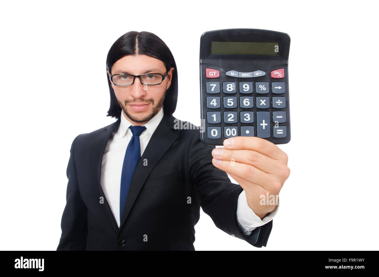Man with calculator isolated on white Stock Photo - Alamy