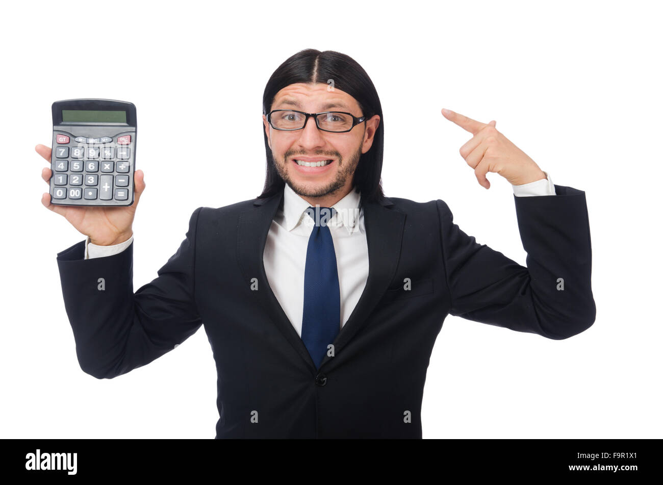 Man with calculator isolated on white Stock Photo - Alamy