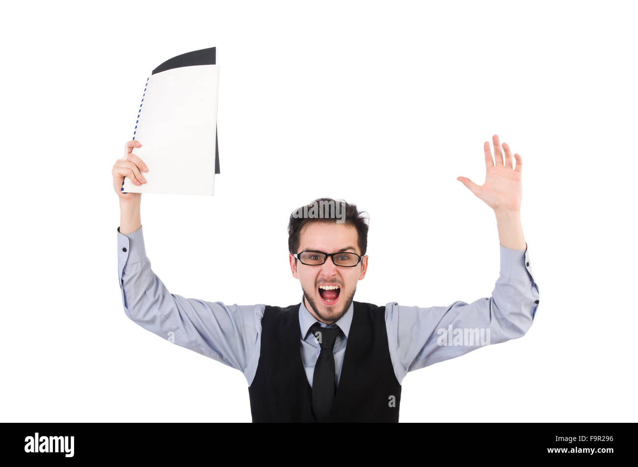 Office employee holding paper isolated on white Stock Photo - Alamy
