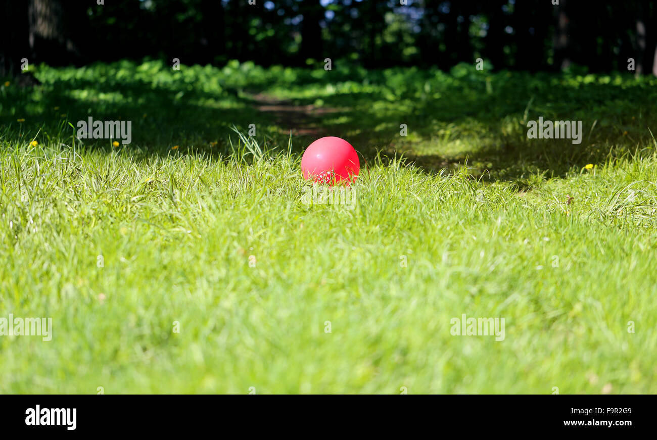On a green lawn is a red ball Stock Photo - Alamy
