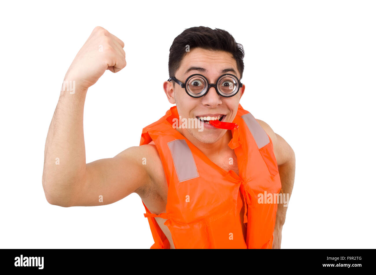 Funny man wearing orange safety vest Stock Photo - Alamy