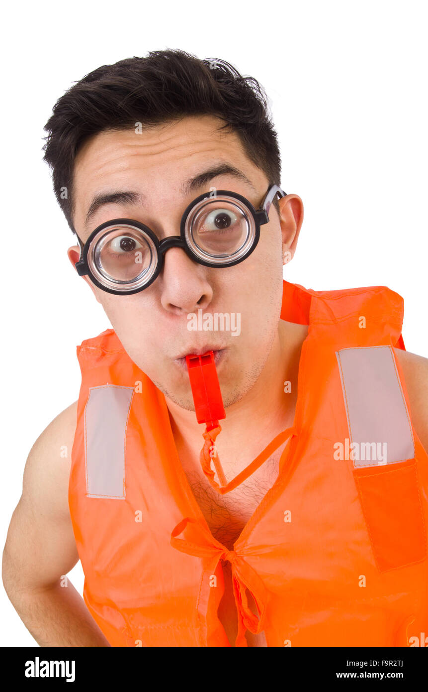 Funny man wearing orange safety vest Stock Photo - Alamy