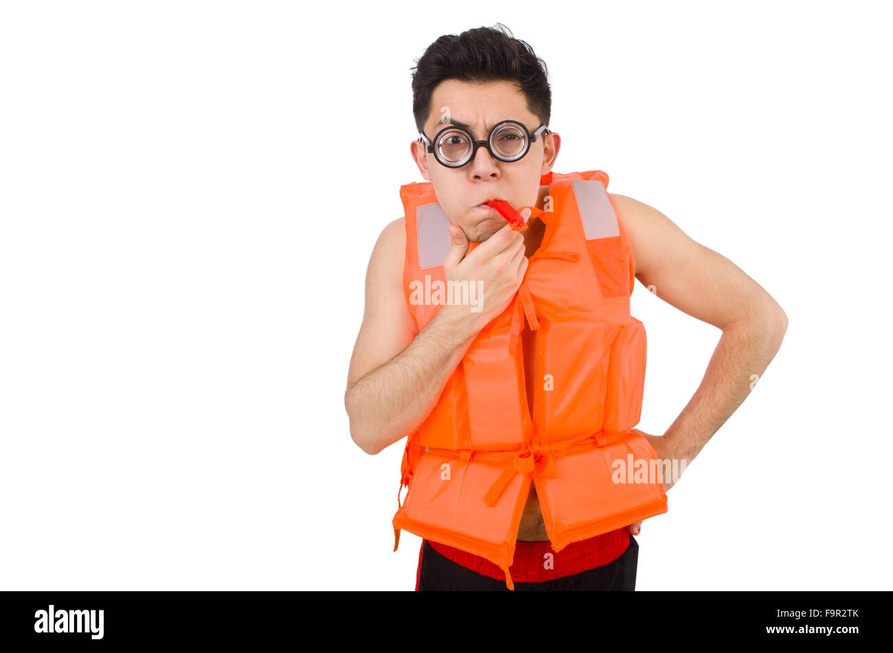 Funny man wearing orange safety vest Stock Photo - Alamy