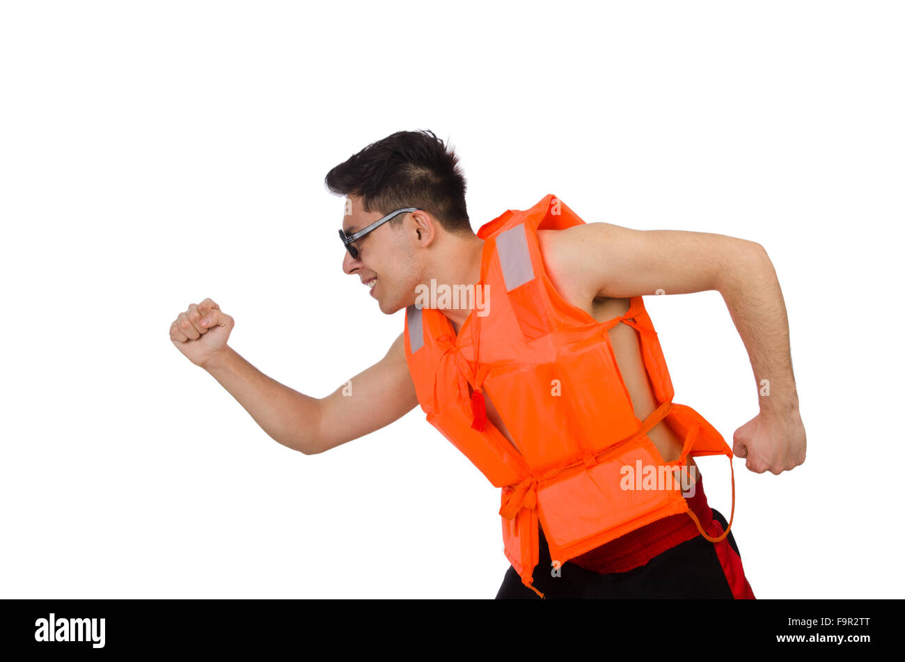 Funny man wearing orange safety vest Stock Photo - Alamy