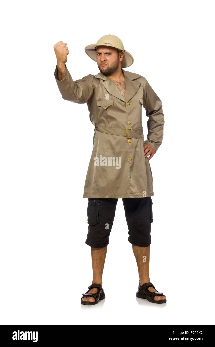 Man in safari hat isolated on white Stock Photo - Alamy