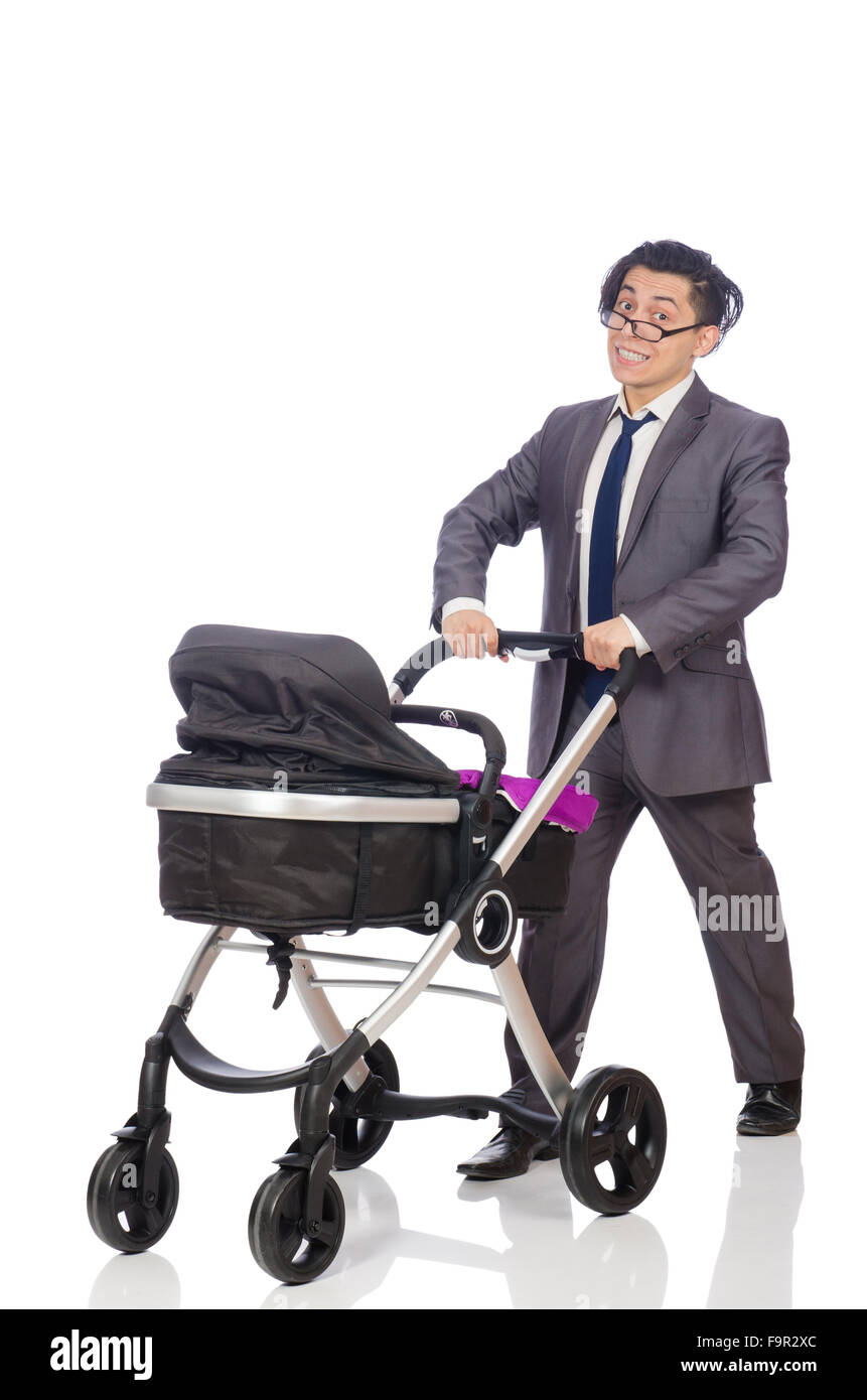 Funny dad with baby and pram on white Stock Photo - Alamy