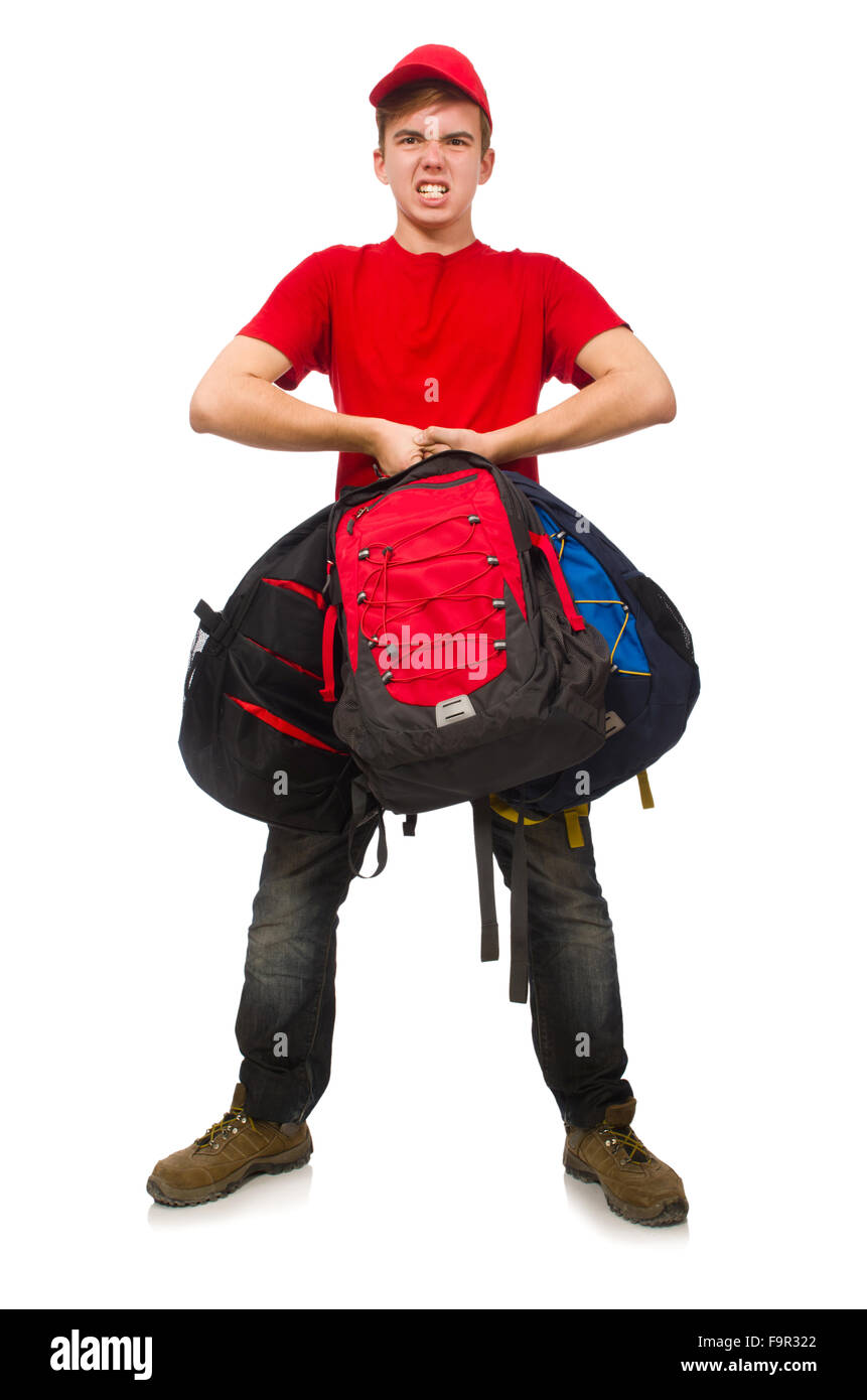 Young traveller with backpack isolated on white Stock Photo - Alamy