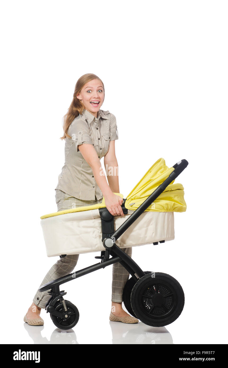 Woman with baby and pram isolated on white Stock Photo - Alamy