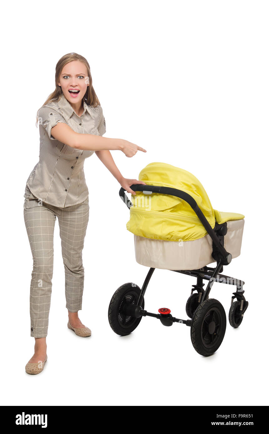 Woman with pram isolated on white Stock Photo - Alamy