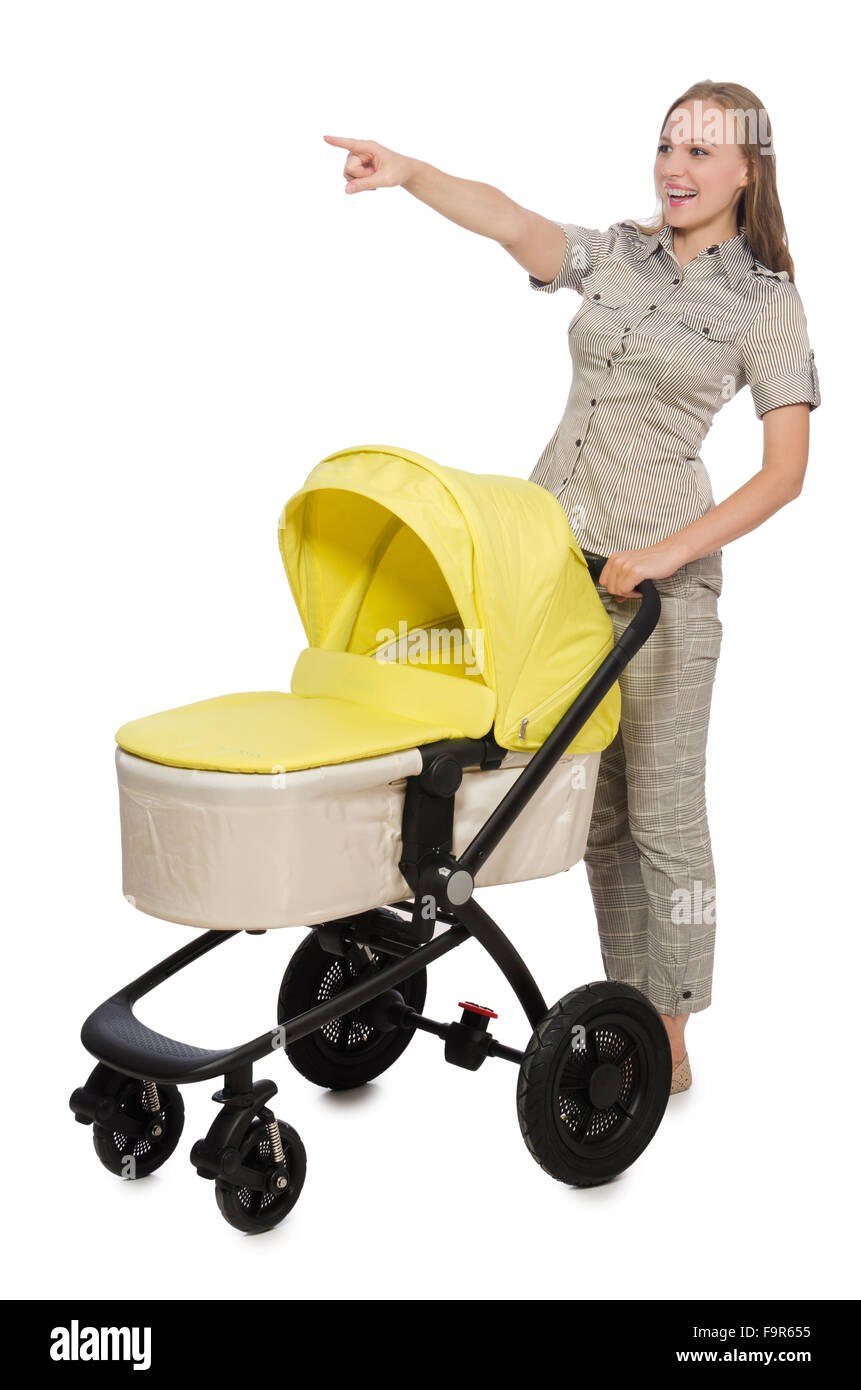 Woman with pram isolated on white Stock Photo - Alamy