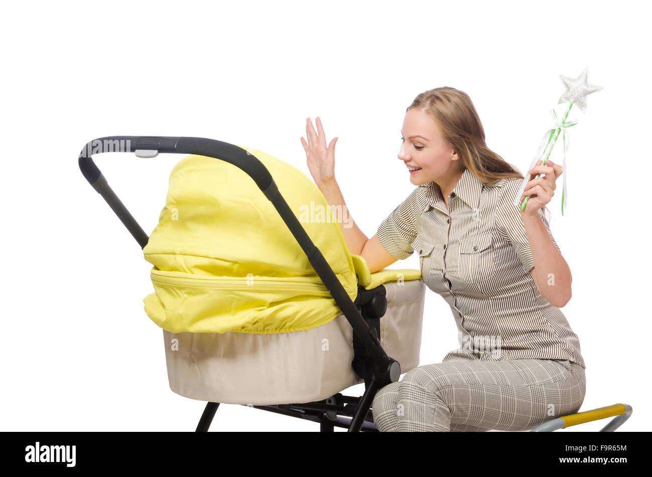 Woman with pram isolated on white Stock Photo - Alamy