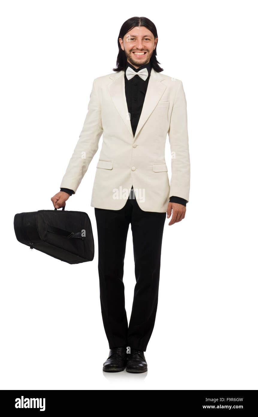 Man with violin case on whtie Stock Photo - Alamy