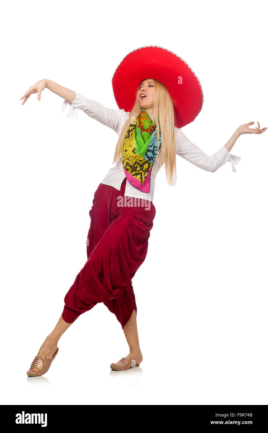 Mexican girl with sombrero dancing on white Stock Photo - Alamy