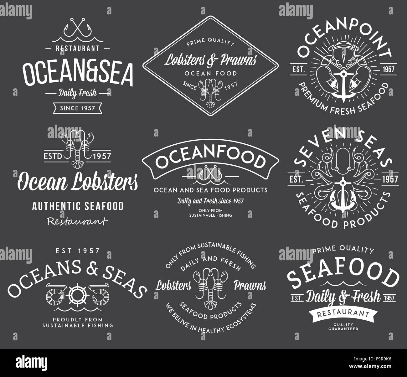 White on black seafood labels and badges vol. 3 for any use Stock ...