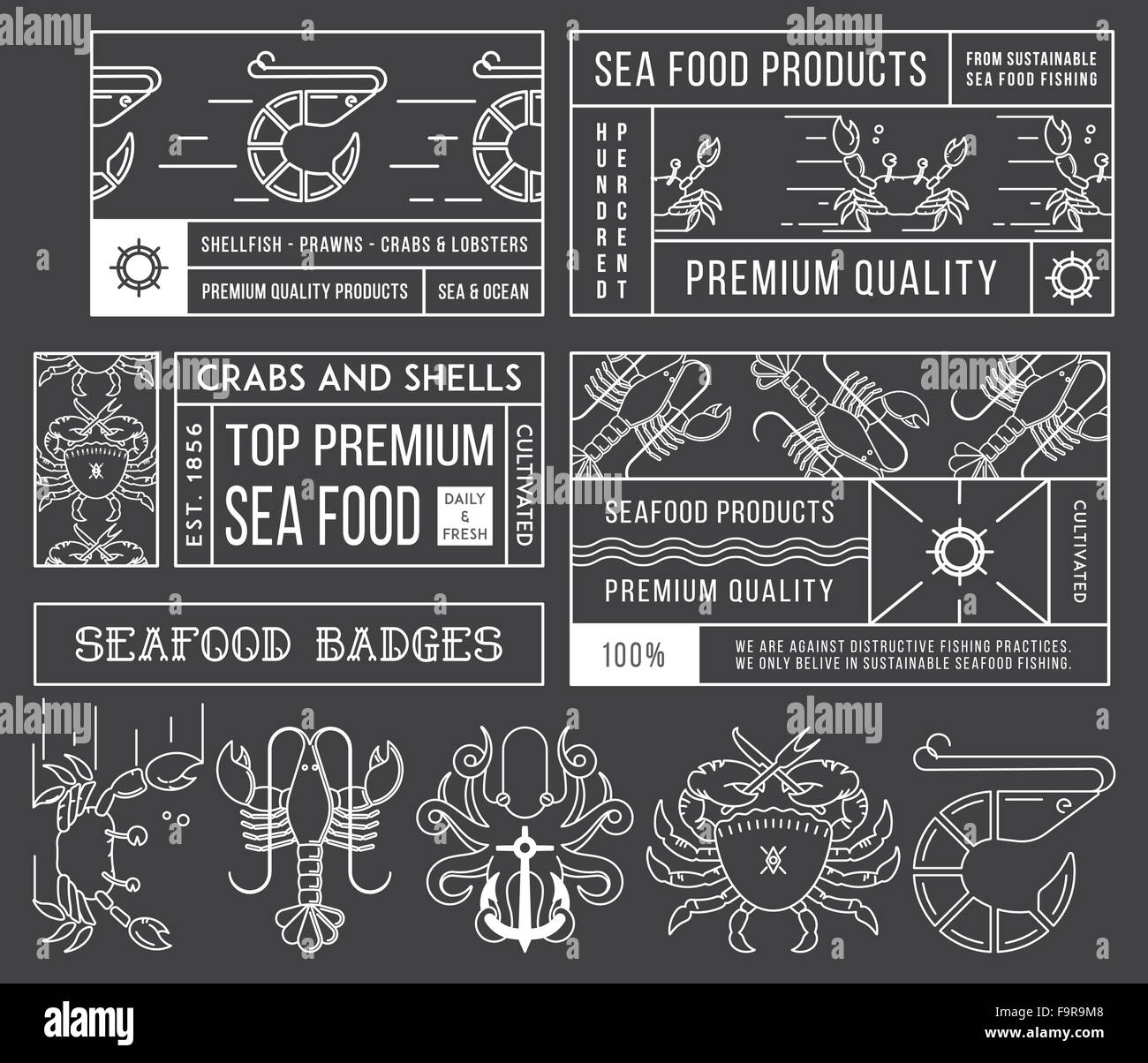 White on black seafood labels and badges vol. 4 for any use Stock ...