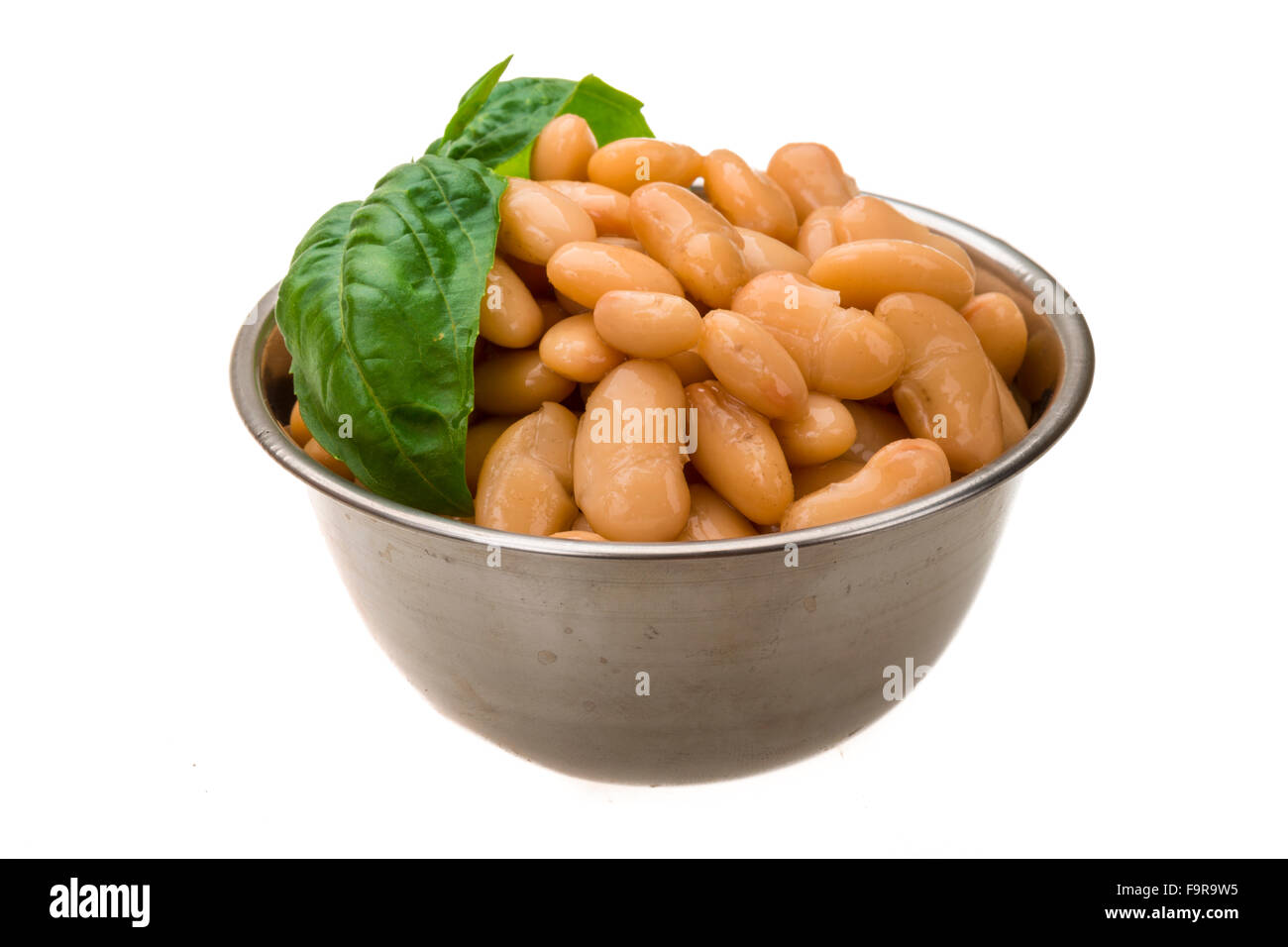 Tinned bean with basil leaf Stock Photo - Alamy