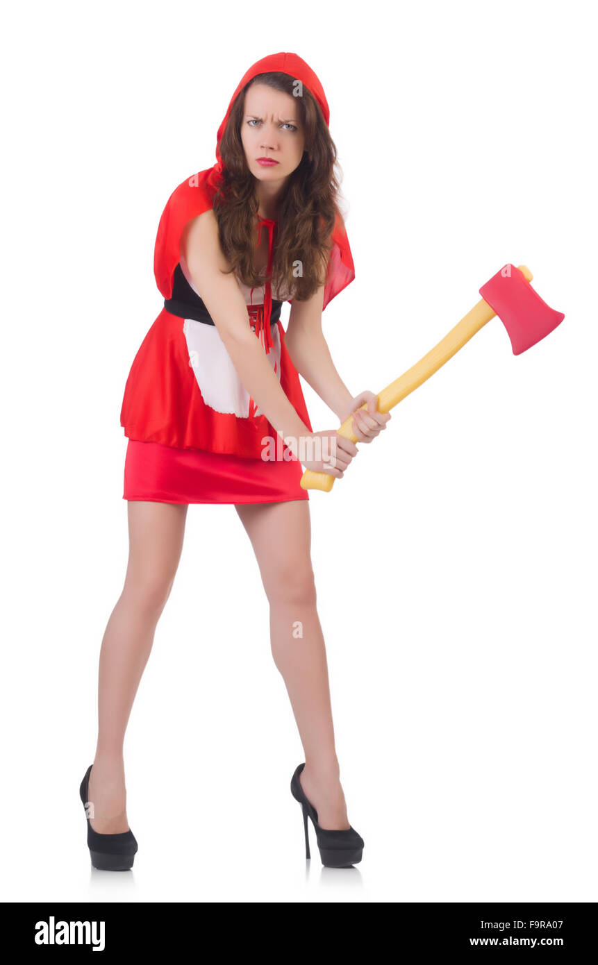Funny woman with axe isolated on white Stock Photo - Alamy