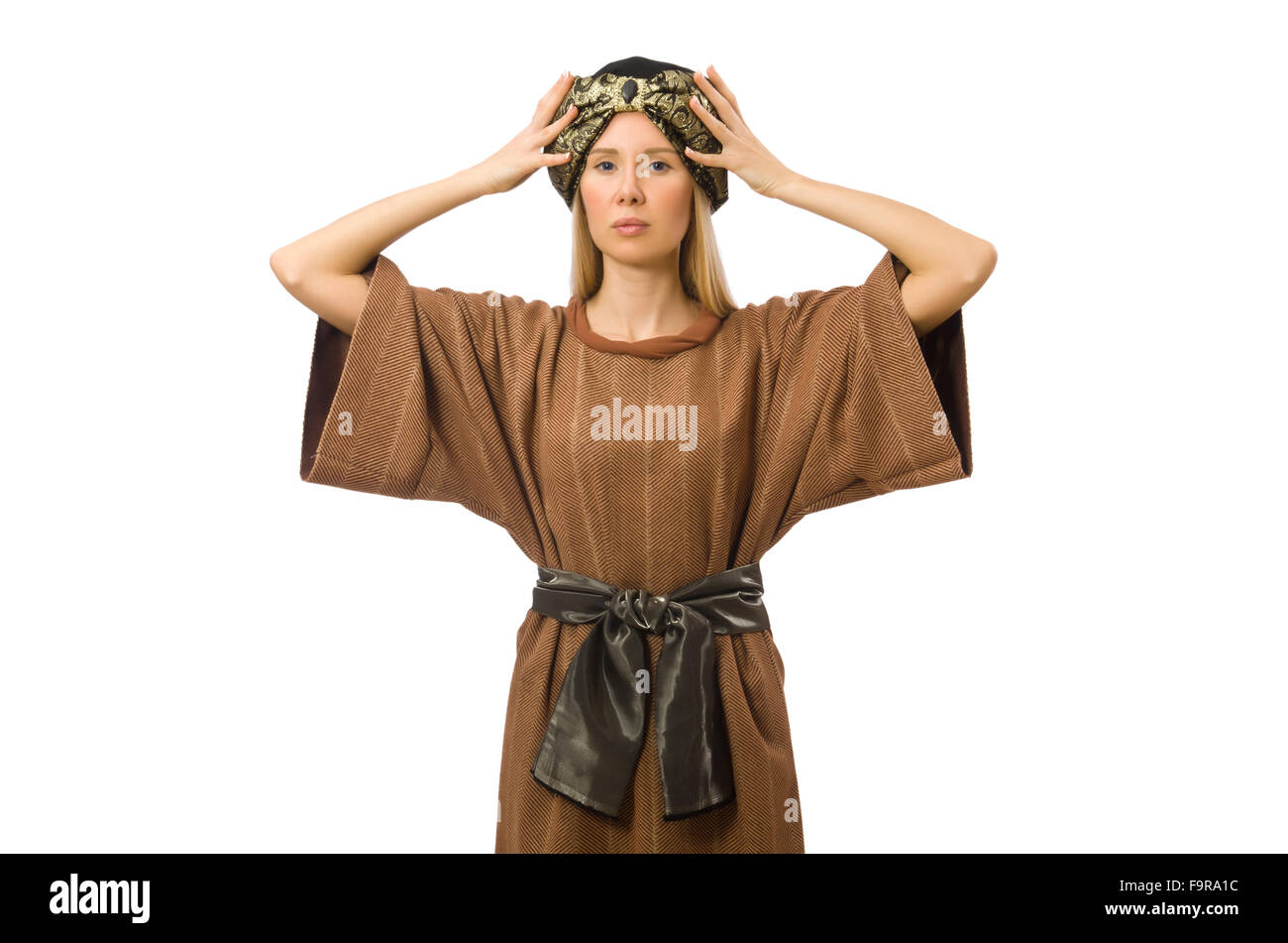 Woman wearing medieval arab clothing on white Stock Photo - Alamy