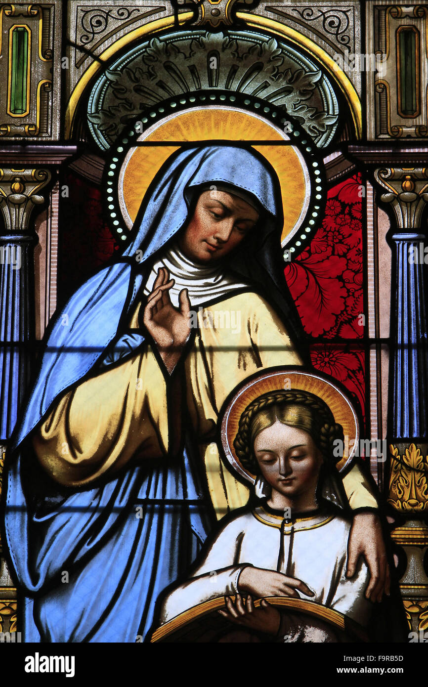 Stained glass window. Ste Anne. Virgin Mary Stock Photo - Alamy