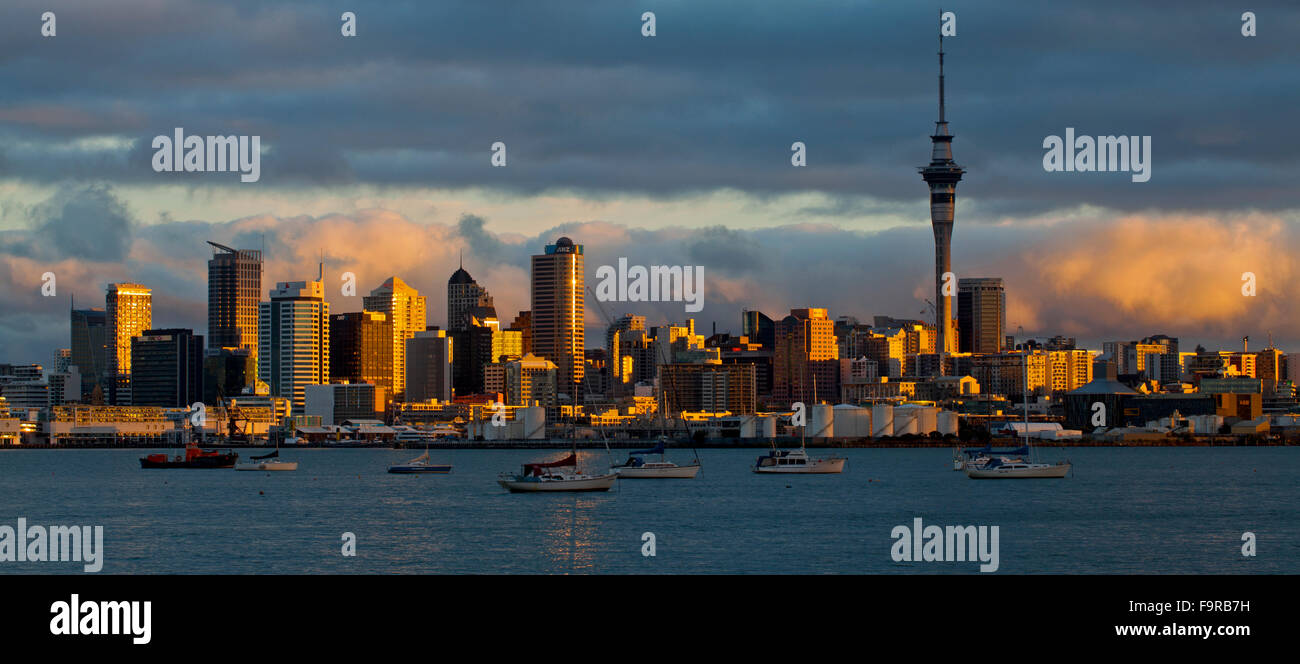 The Auckland city skyline at night, featuring The Sky Tower the tallest ...