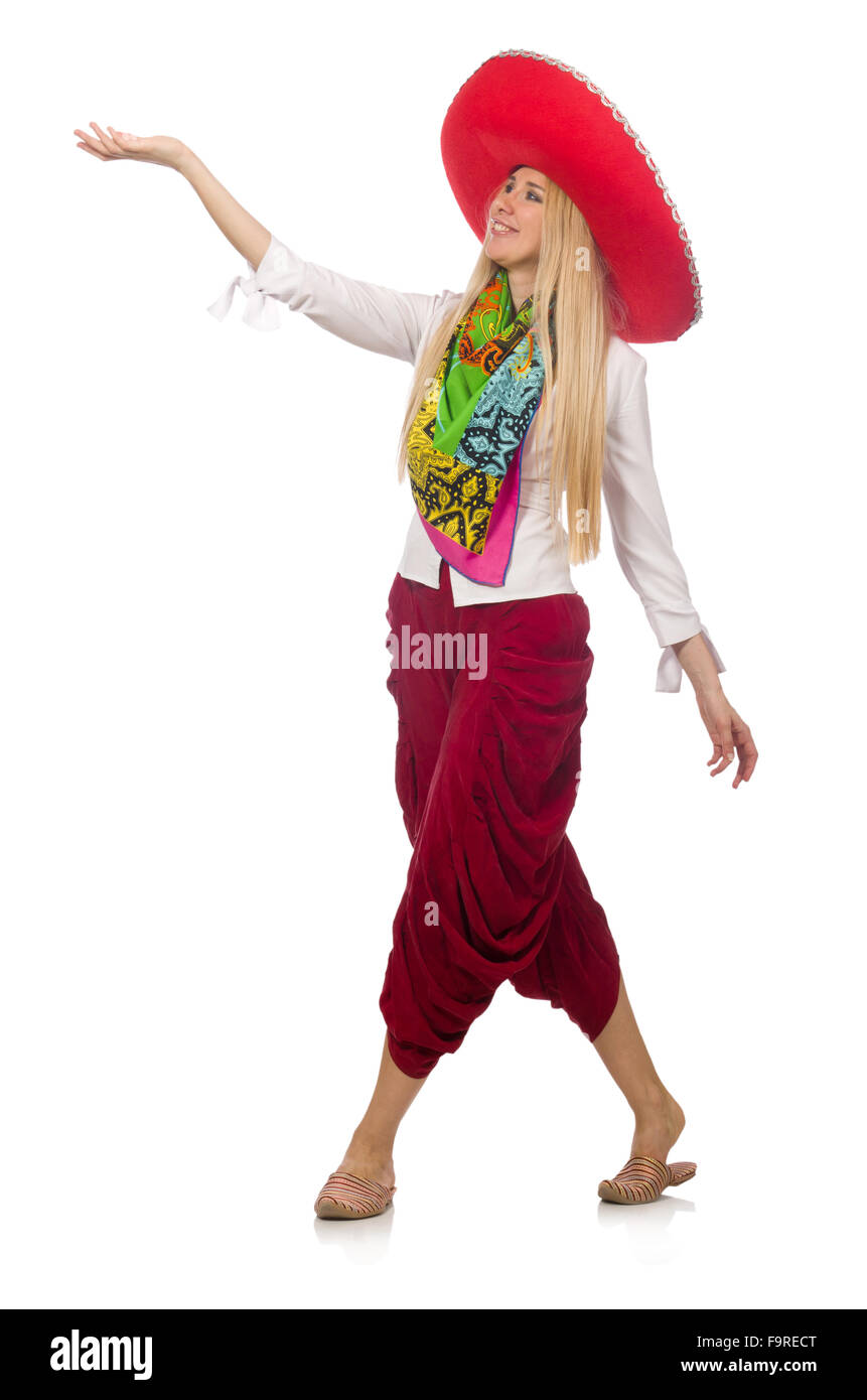 Mexican girl with sombrero dancing on white Stock Photo - Alamy