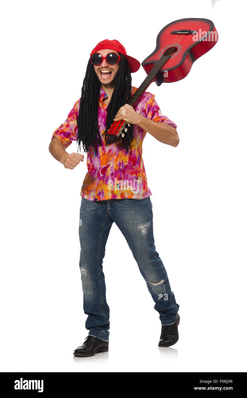 Male musician with guitar isolated on white Stock Photo - Alamy