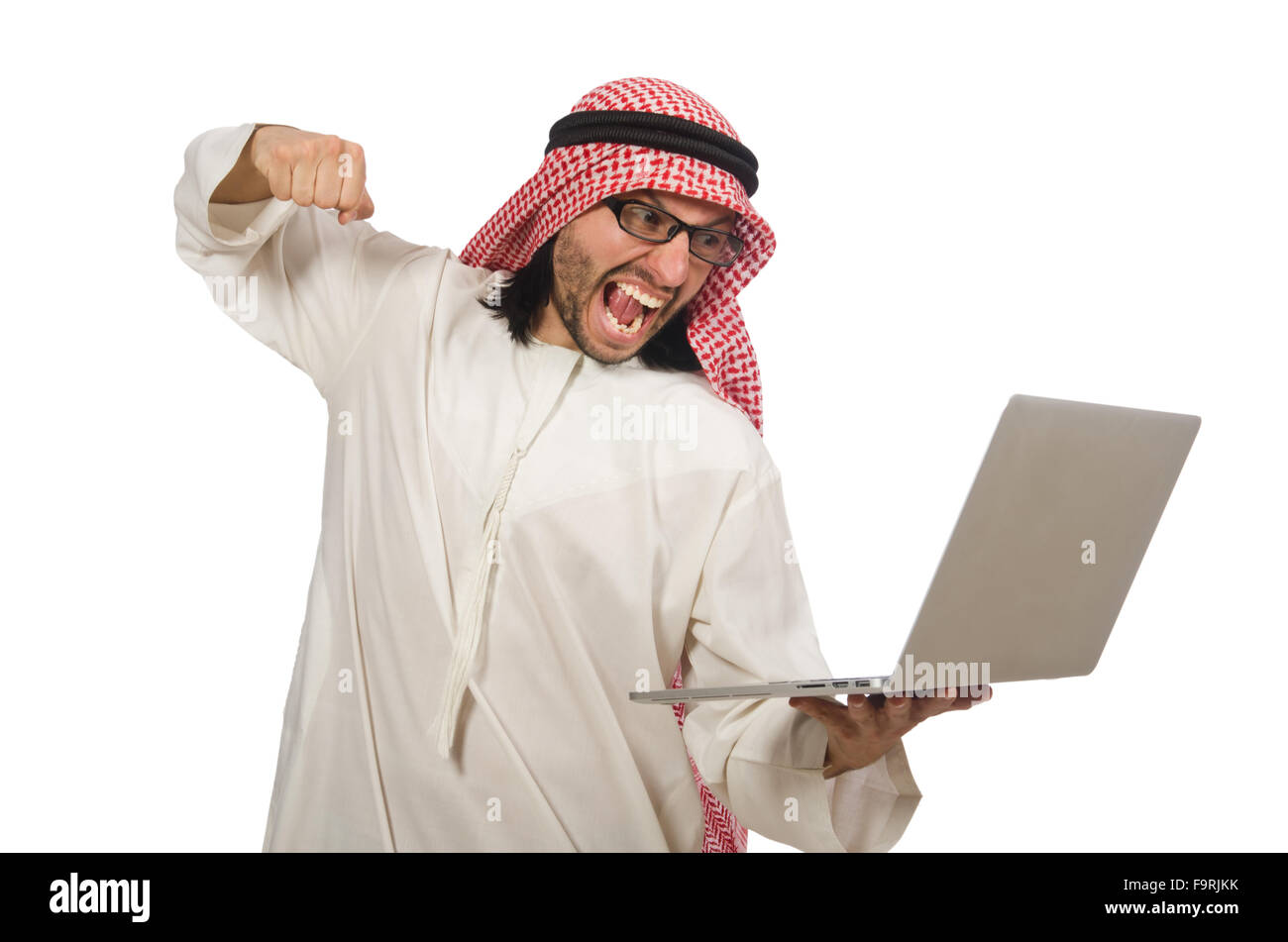 Arab man with laptop isolated on white Stock Photo - Alamy