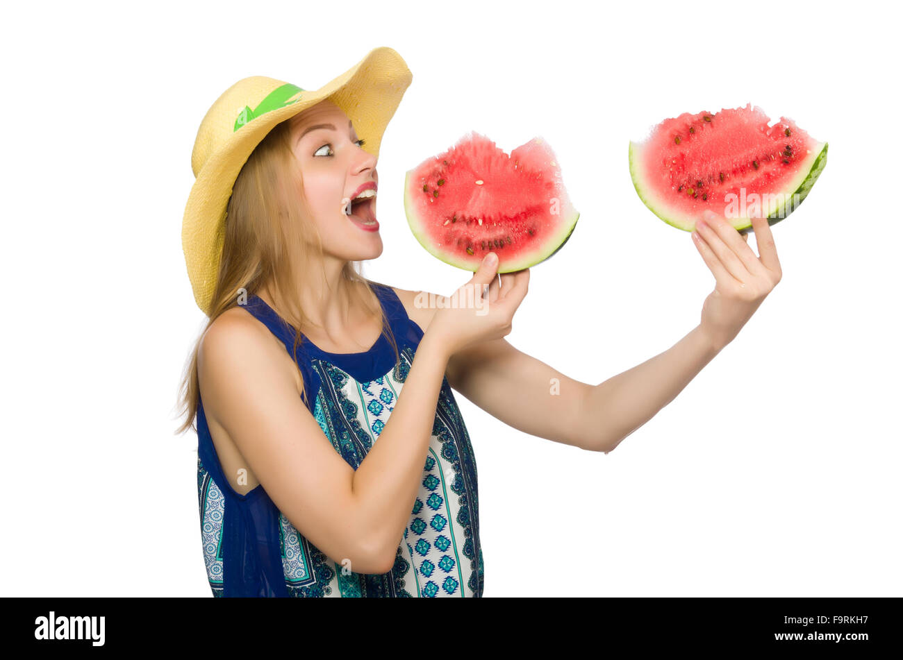 Woman with watermelon isolated on white Stock Photo - Alamy