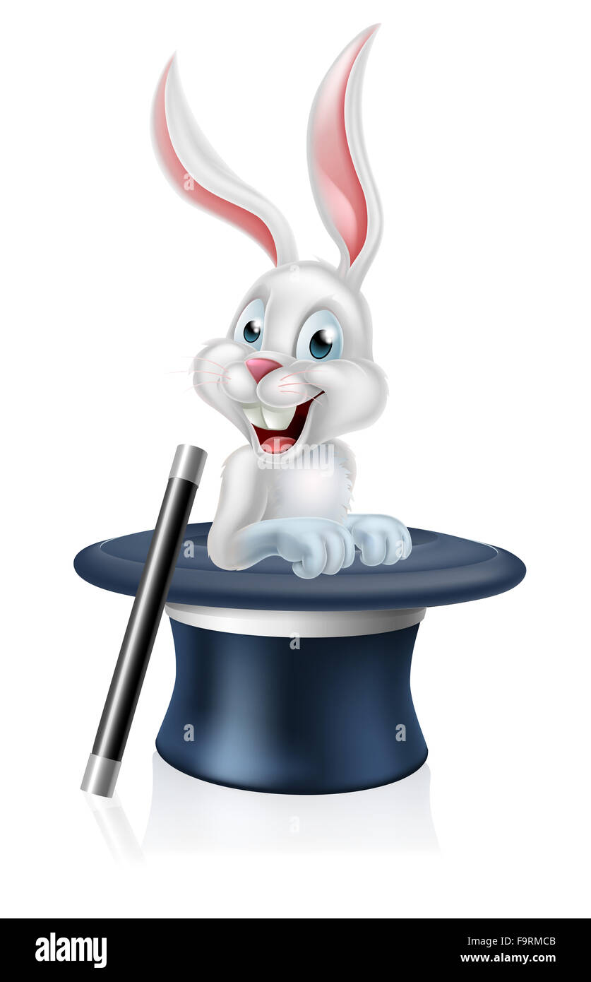 A cute cartoon magicians bunny rabbit coming out of a top hat with a ...