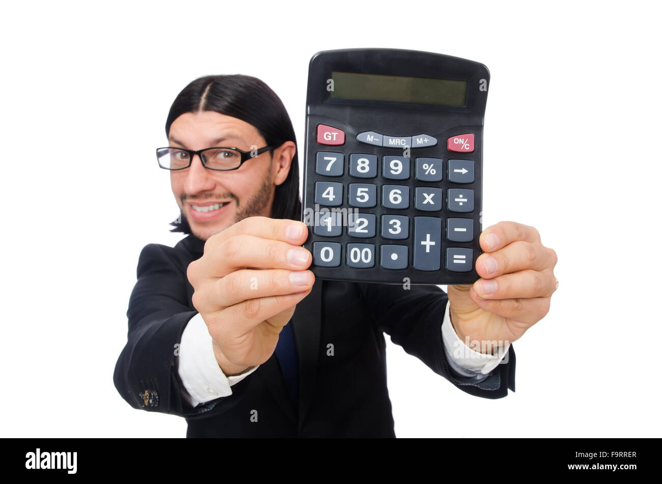 Man with calculator isolated on white Stock Photo - Alamy