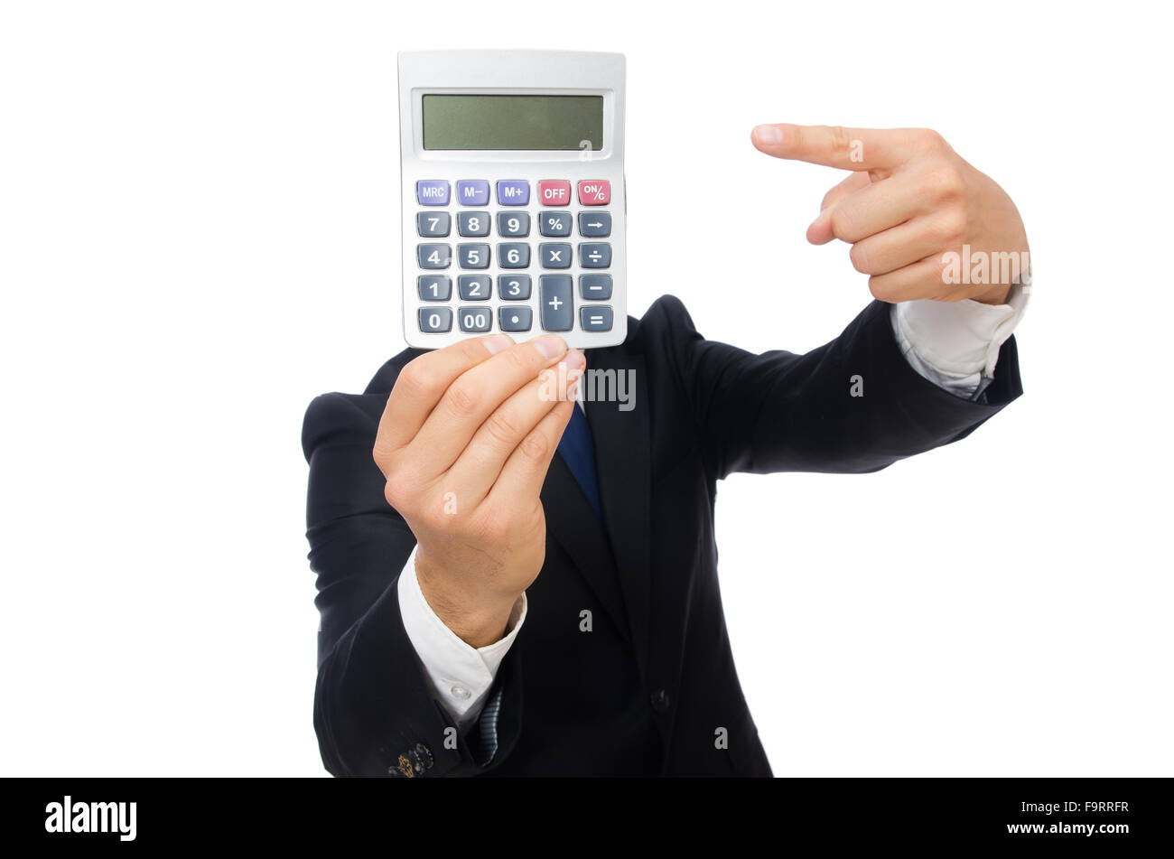 Man with calculator isolated on white Stock Photo - Alamy