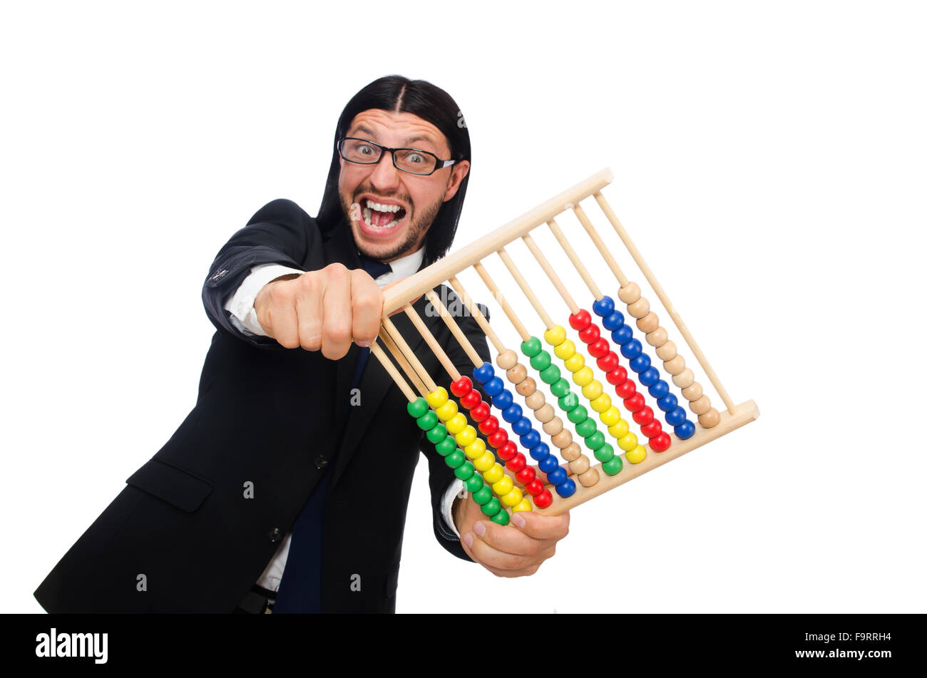 Funny man with calculator and abacus Stock Photo - Alamy